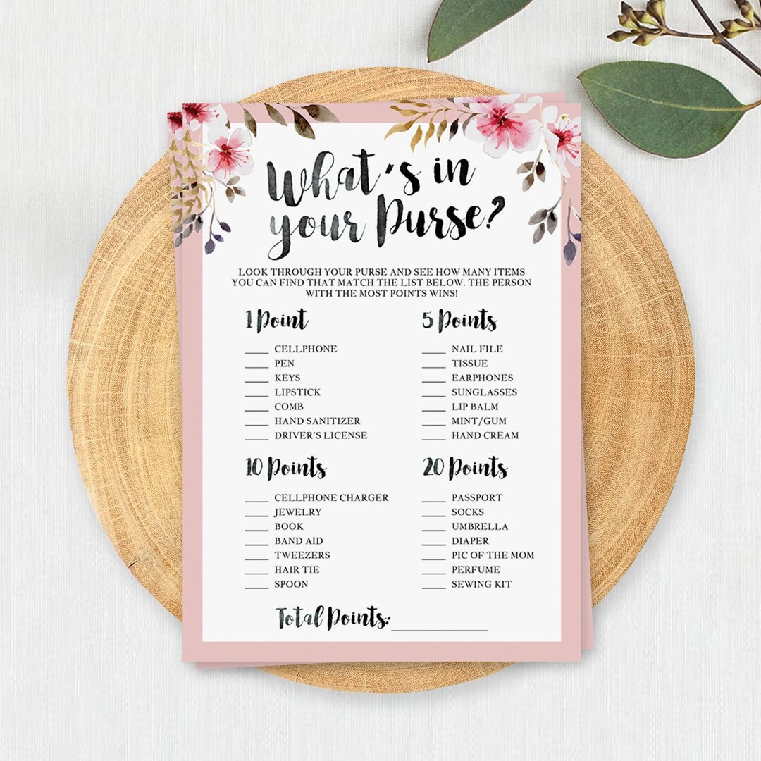 Baby Shower Whats in Your Purse Game Lush Floral Printable Baby Girl ...