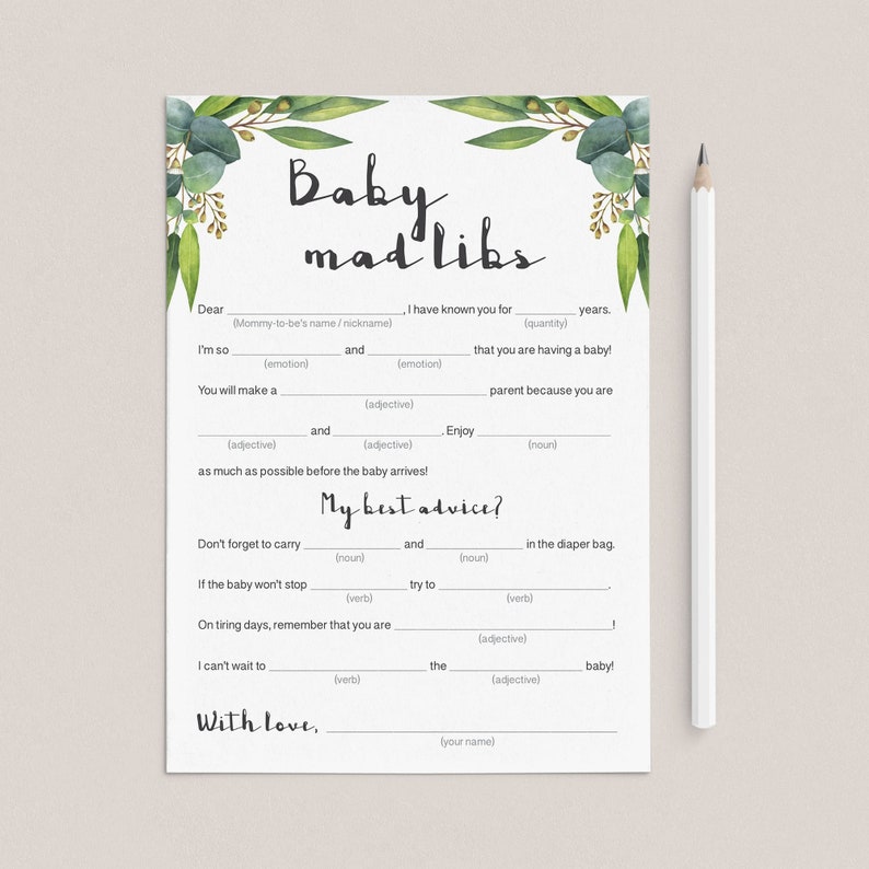 Baby Shower Fill in the Blanks Game Cards Botanical Babyshower | Etsy