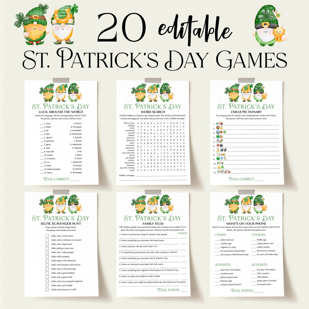 Editable St Patricks Day Games Bundle Instant Download Cute Gnomes ...