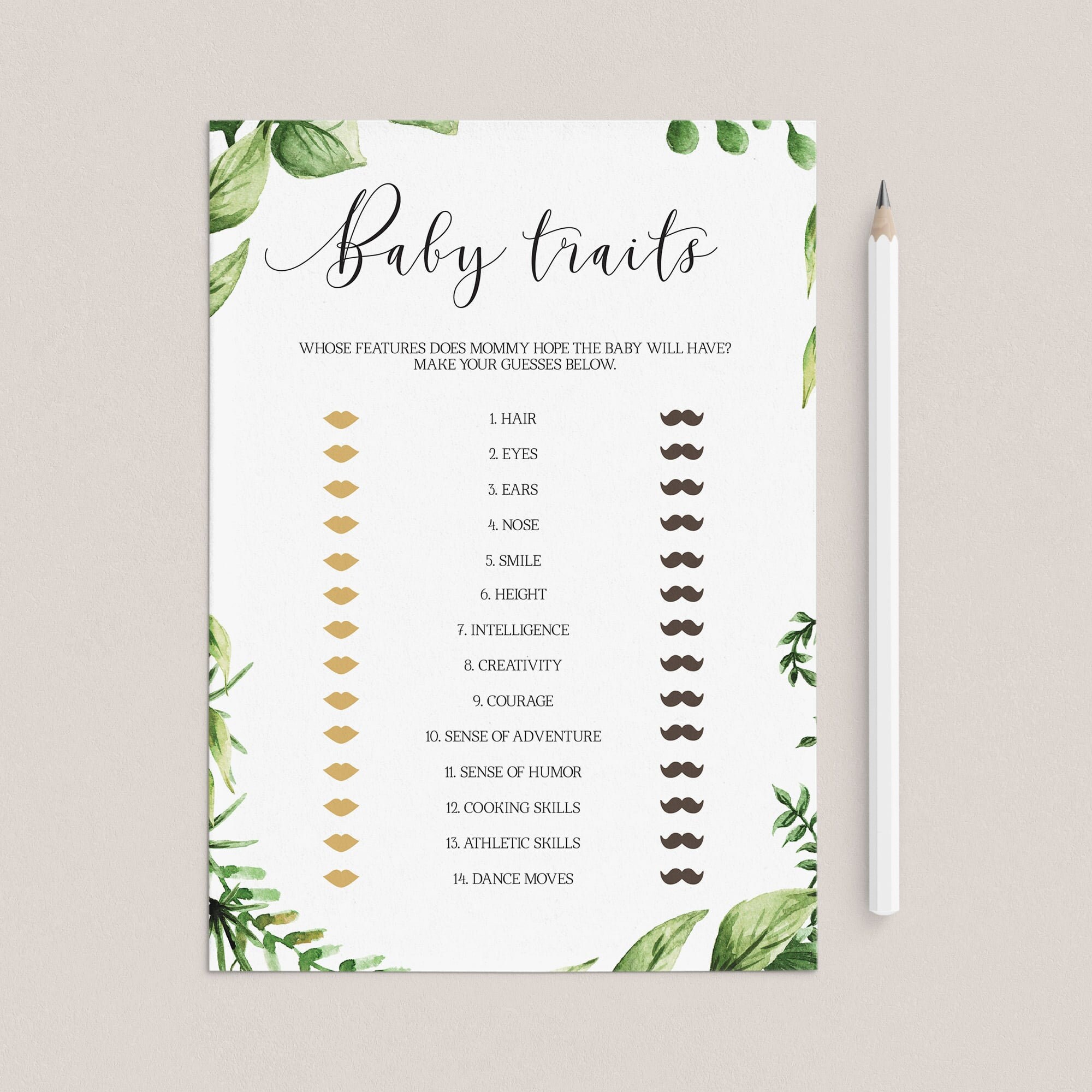 Baby Traits Game Greenery Baby Shower Traits Game Printable | Etsy