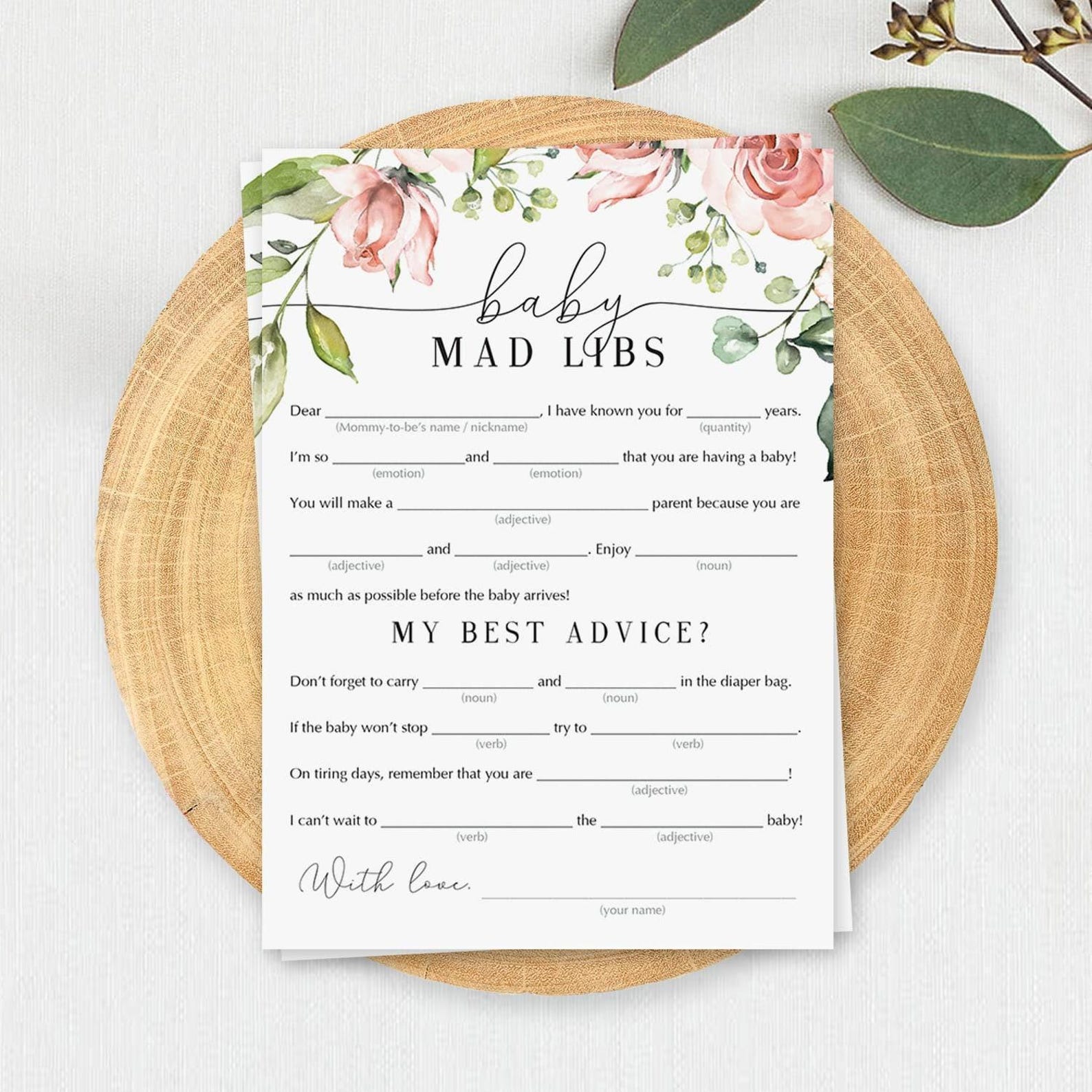 Blush Floral Baby Mad Libs Game Printable Pink Flowers Baby Shower Mad ...