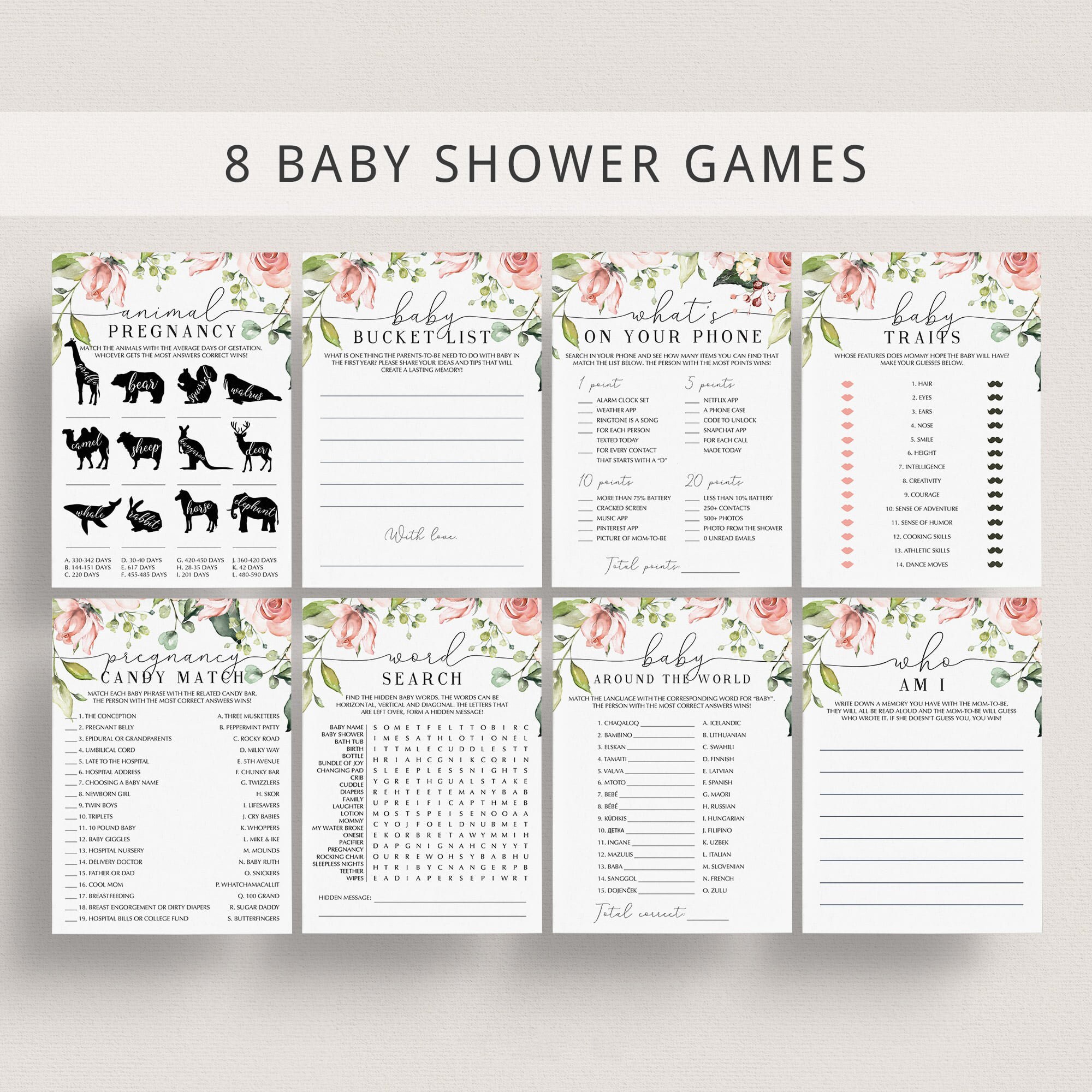 Blush Baby Shower Games Bundle Instant Download Pink Baby | Etsy