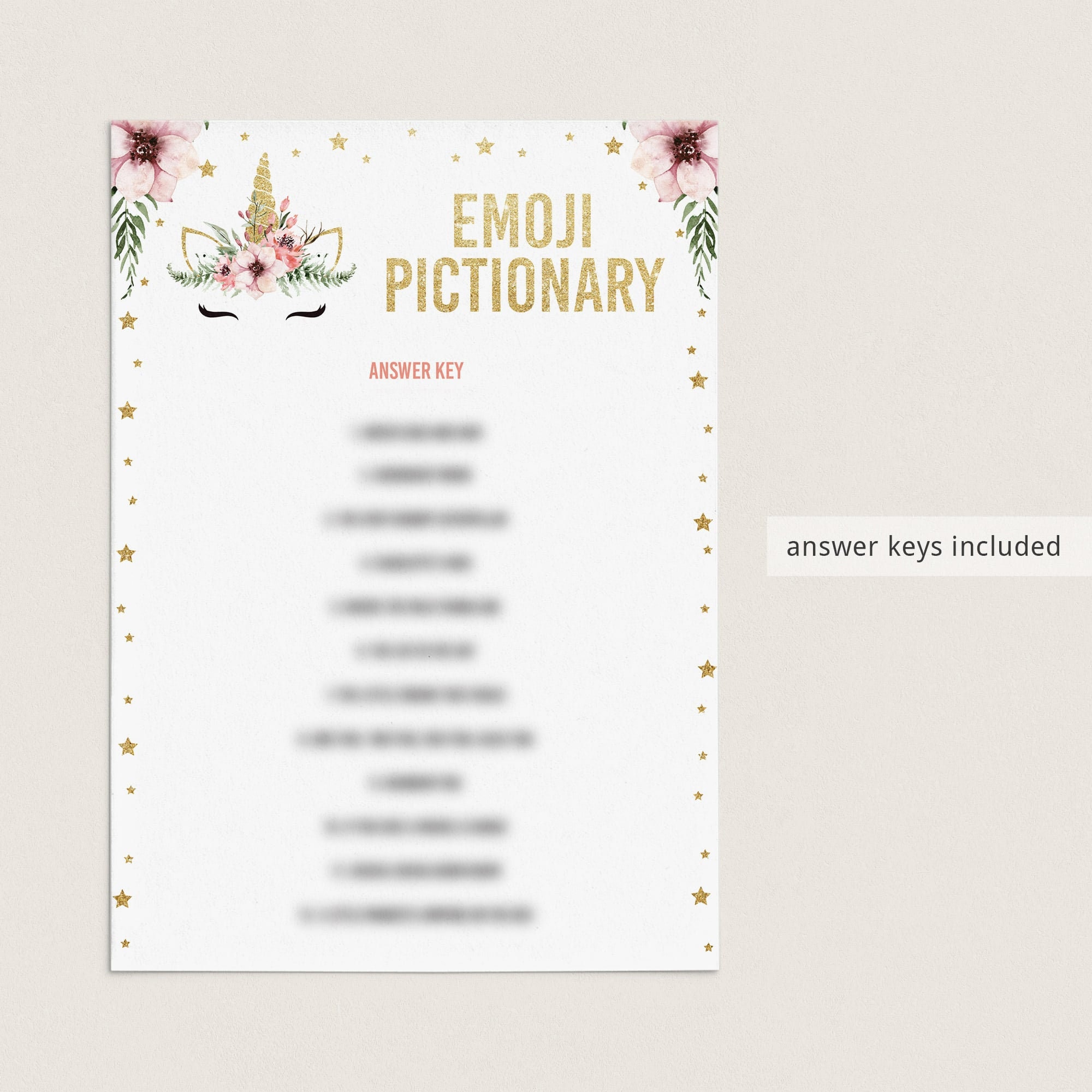 Floral Unicorn Baby Shower Games Pack Printable White Pink and Gold ...