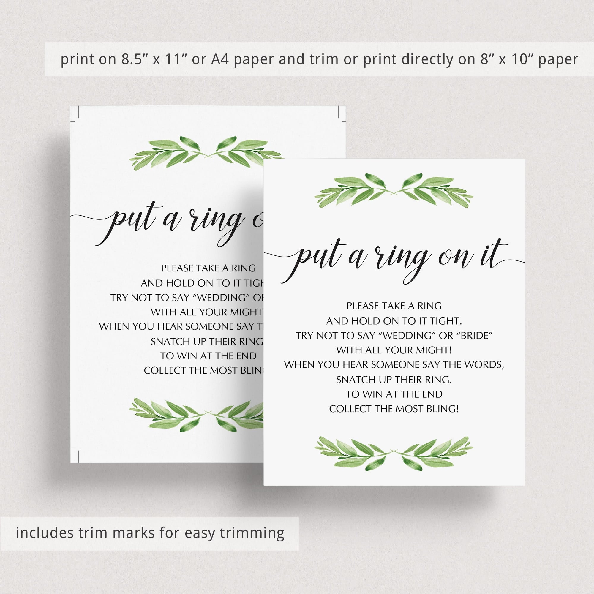 Put a Ring on it Sign Printable Dont Say Wedding Game Greenery | Etsy