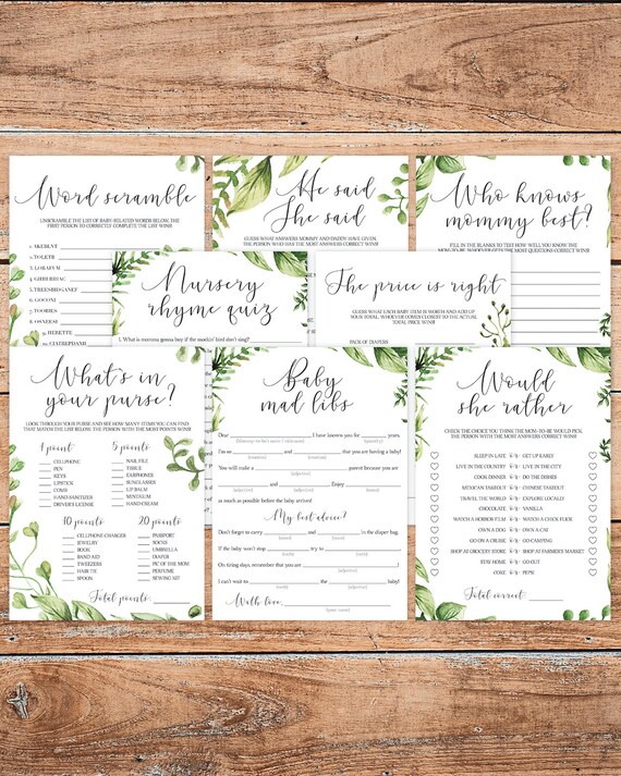 Leafy Baby Shower Activity Set Printable Greenery Baby | Etsy