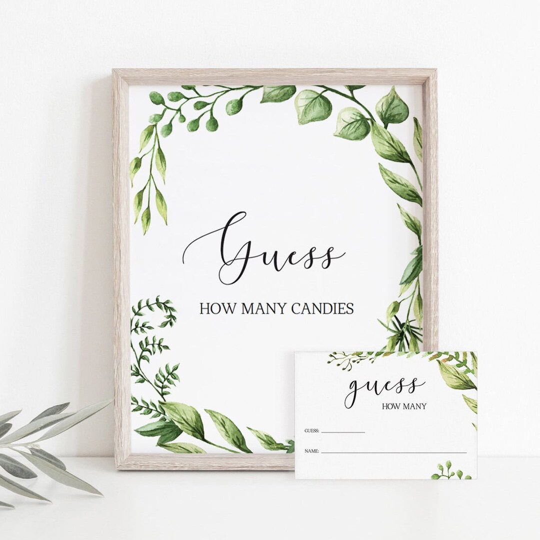 Guess How Many Sign Guess How Many Game Watercolor Greenery Bridal ...