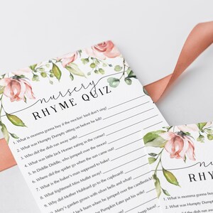 Baby Nursery Rhyme Quiz Printable Pink Floral Baby Shower Nursery Game ...