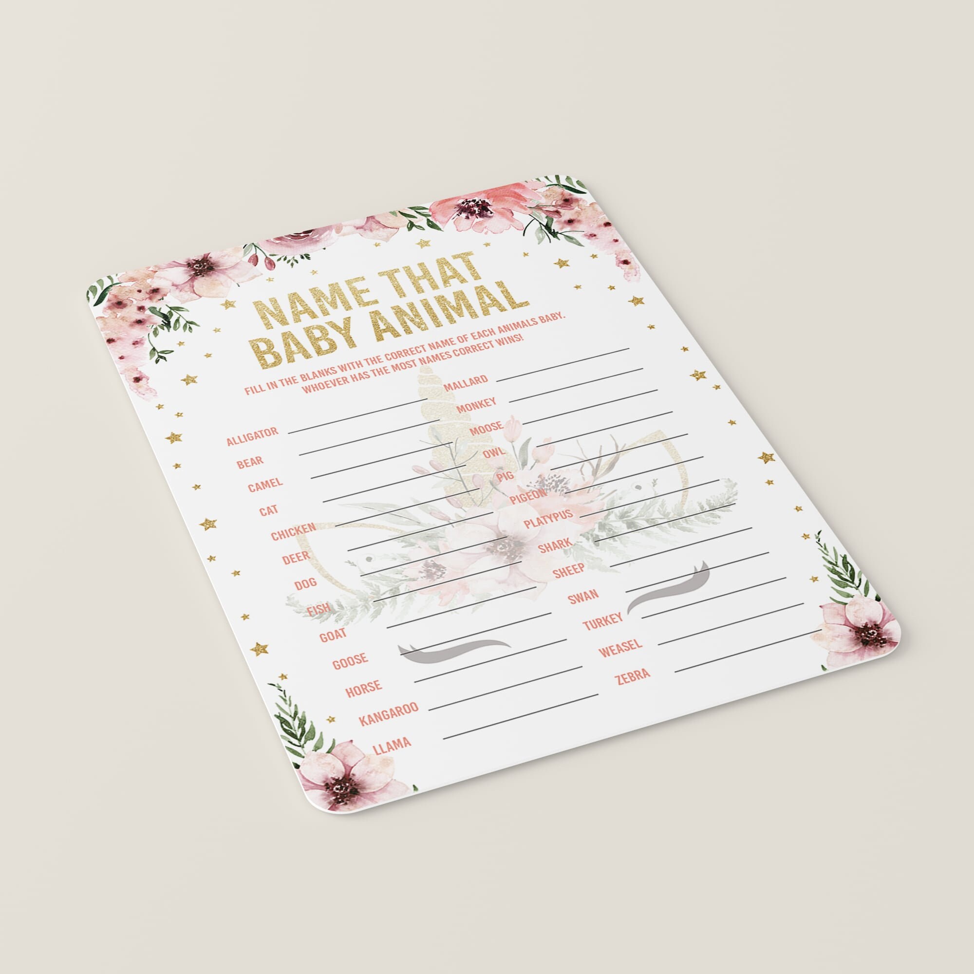 Floral Unicorn Baby Shower Games Pack Printable White Pink and Gold ...