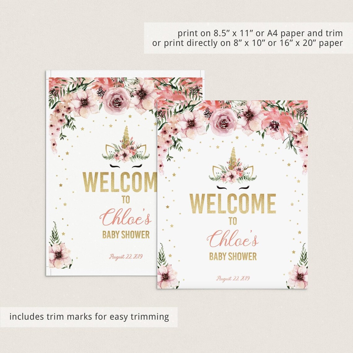 Floral Unicorn Baby Shower Welcome Sign Printable Pink and Gold Unicorn ...