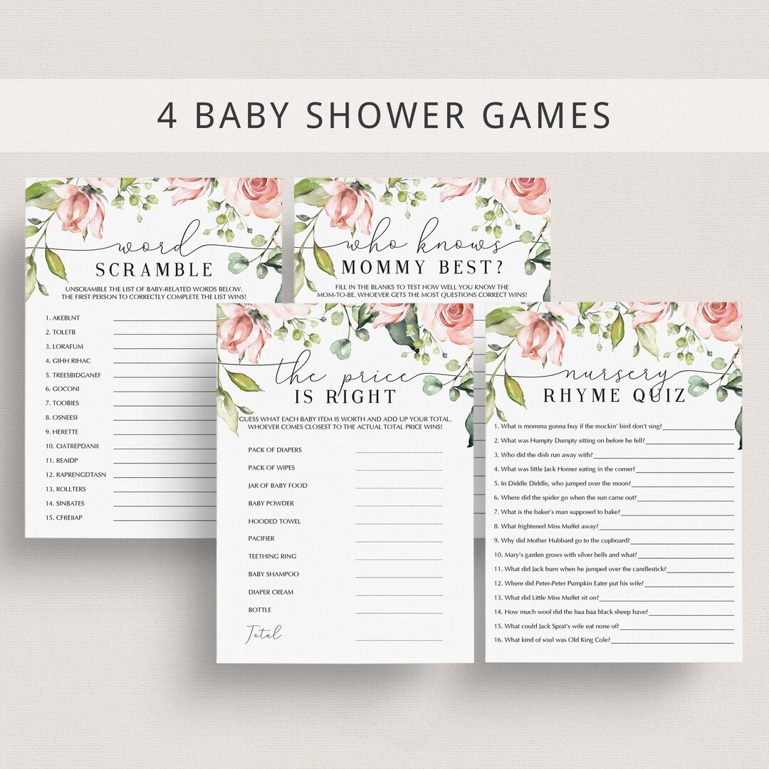 Floral and Greenery Baby Shower Games Package Printable Baby Word ...