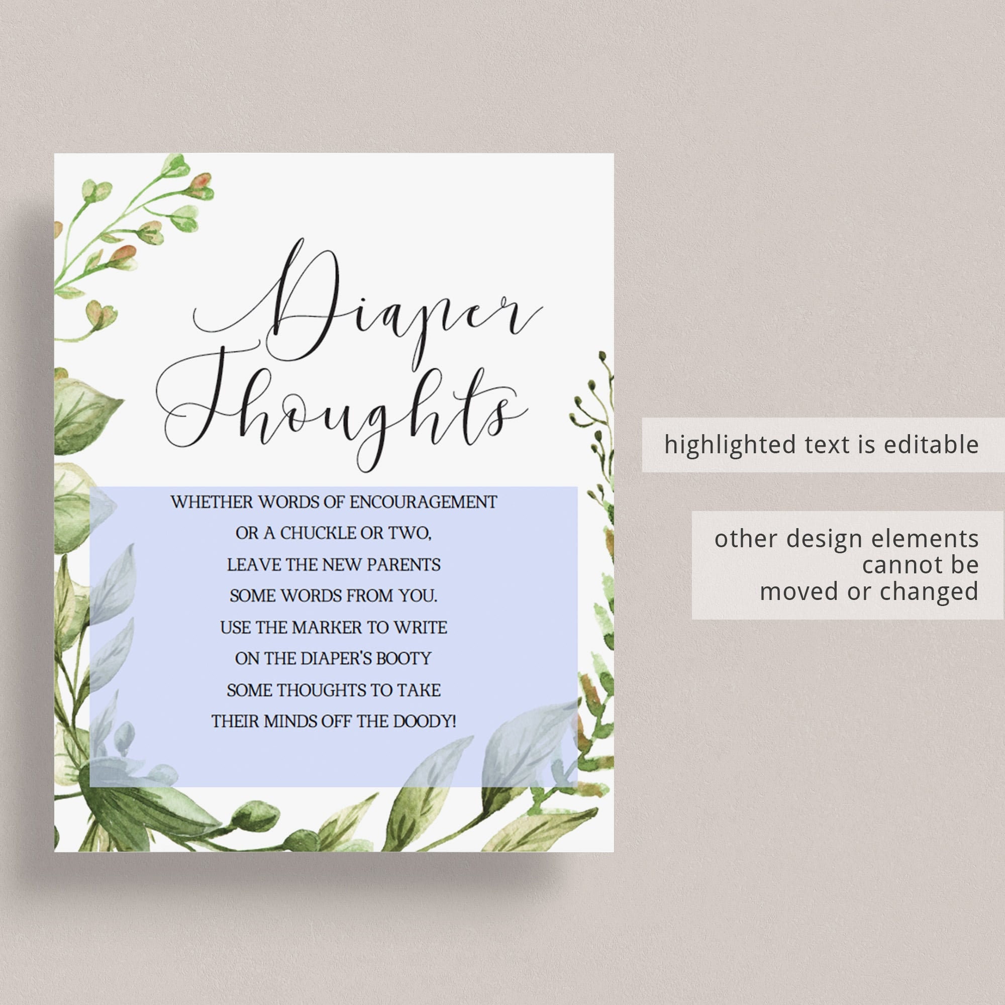 Diaper Thoughts Sign Printable Baby Shower Games Greenery | Etsy