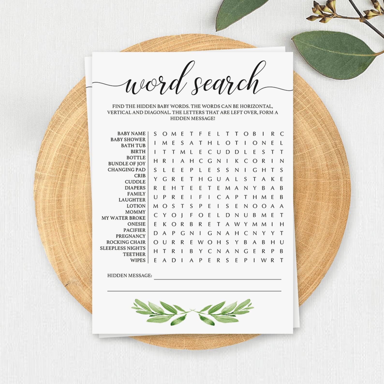 Baby Word Search Puzzle Printable Greenery Babyshower Games - Etsy