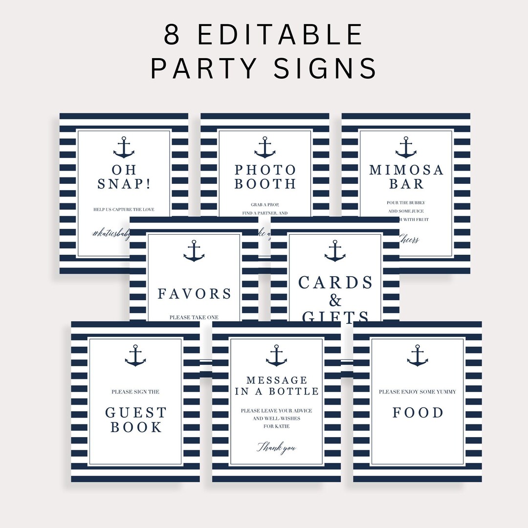 Nautical Baby Shower Sign Templates Navy and Blue Favors Message in a ...