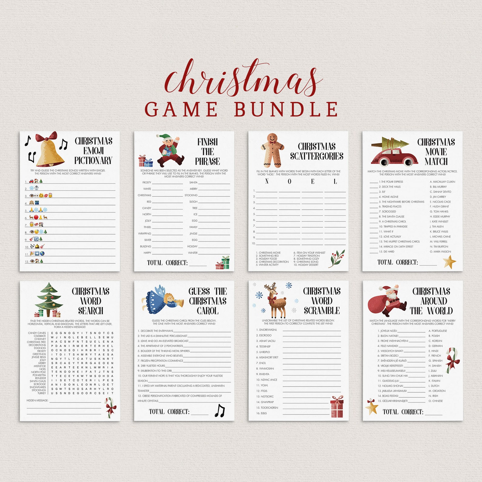 Printable Christmas Games Bundle Holiday Party Games Package Christmas ...