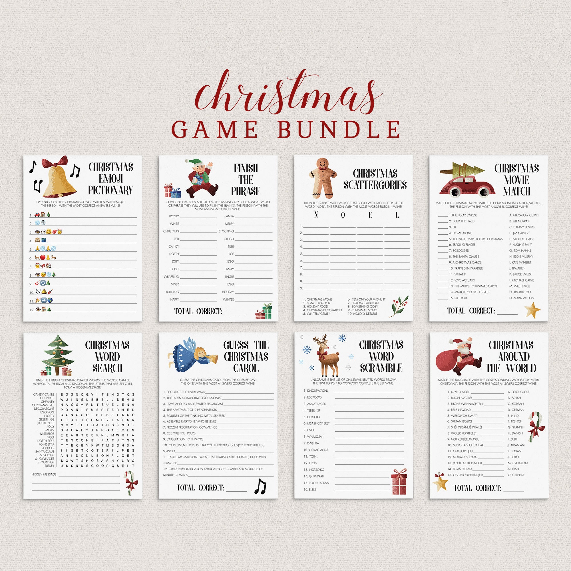 Printable Christmas Games Bundle Holiday Party Games Package - Etsy