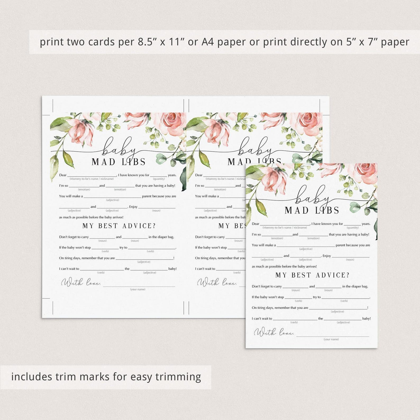 Blush Floral Baby Mad Libs Game Printable Pink Flowers Baby Shower Mad ...