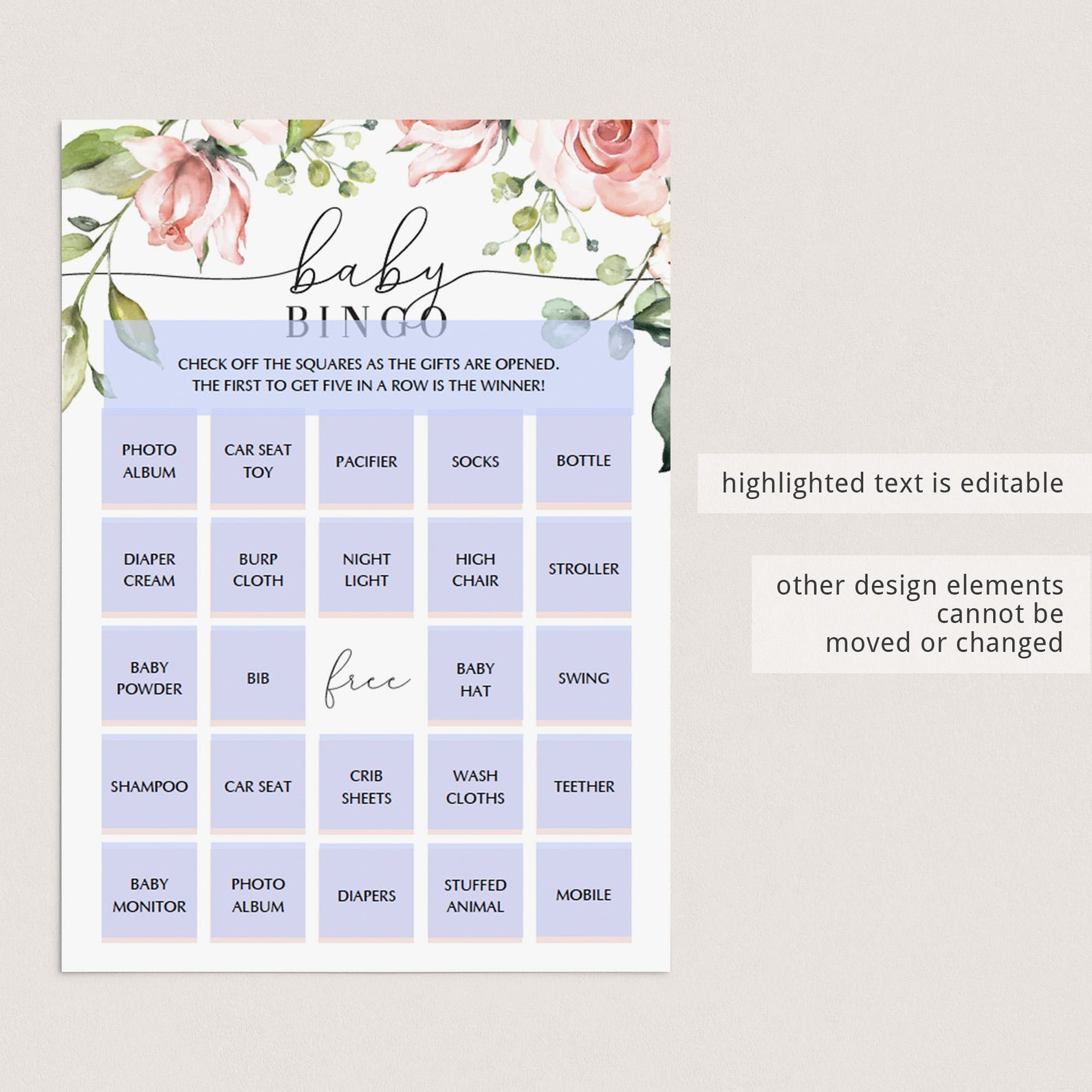 Pink Baby Shower Bingo Prefilled Blush Baby Shower Baby Bingo Girl Baby ...