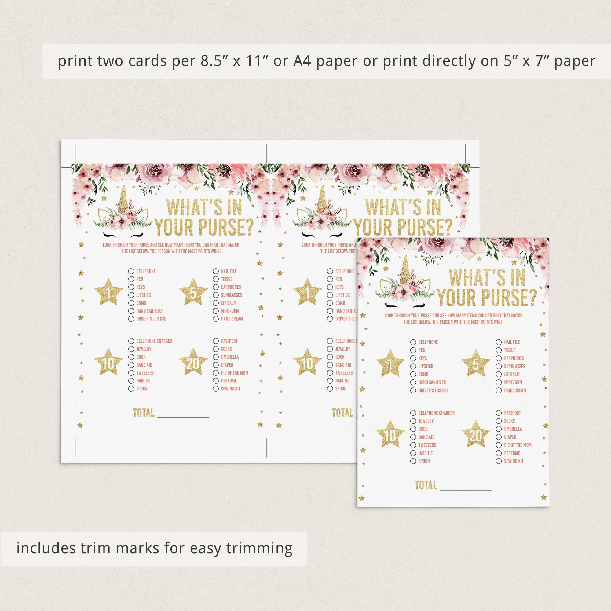 Floral Unicorn Baby Shower Games Pack Printable White Pink and Gold ...