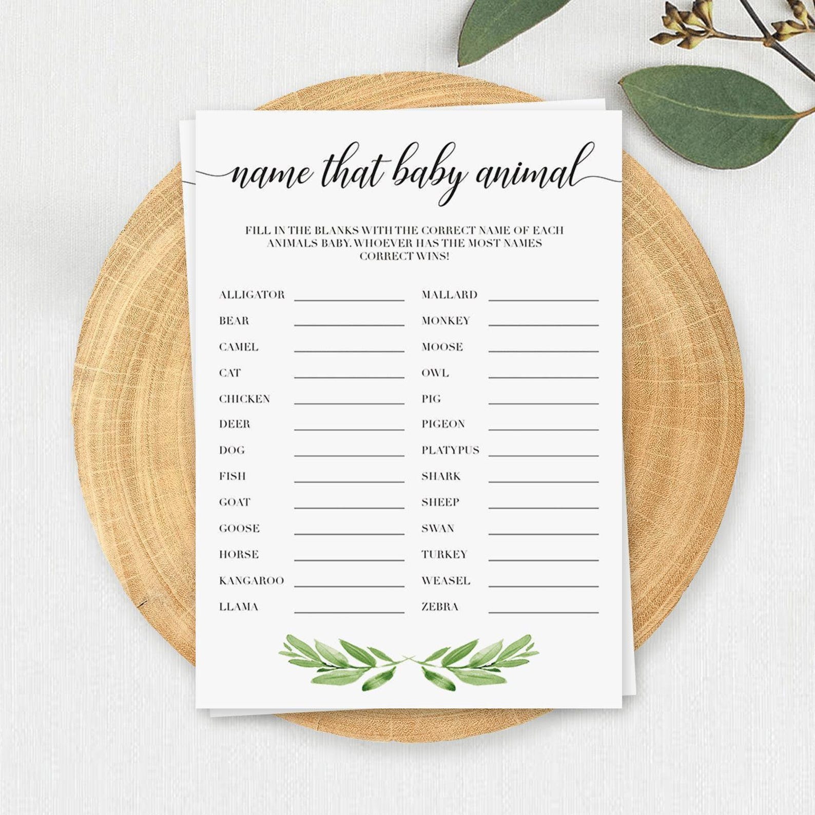 Name That Baby Animal Game Cards Printable | Greenery Baby Shower ...