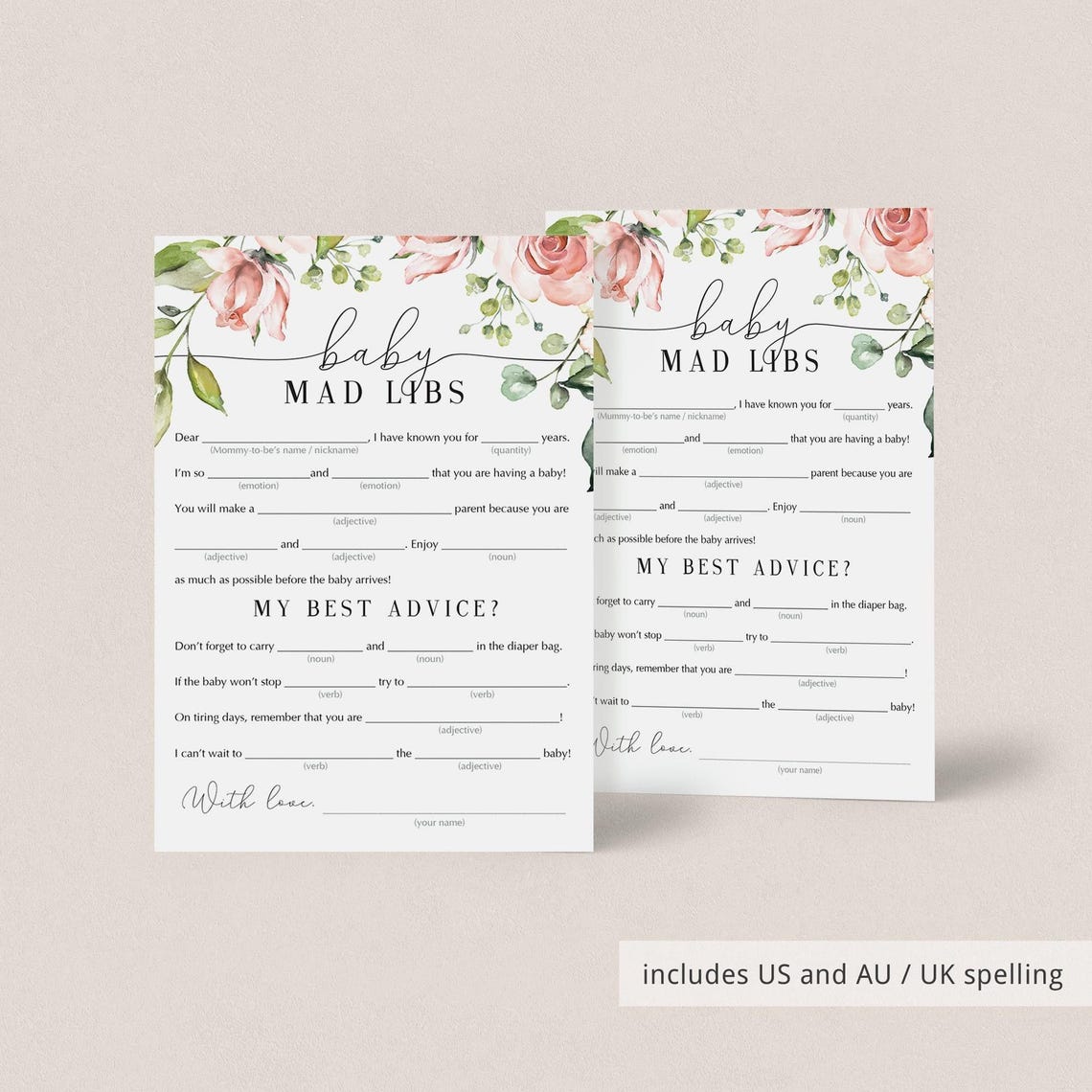 Blush Floral Baby Mad Libs Game Printable Pink Flowers Baby Shower Mad ...