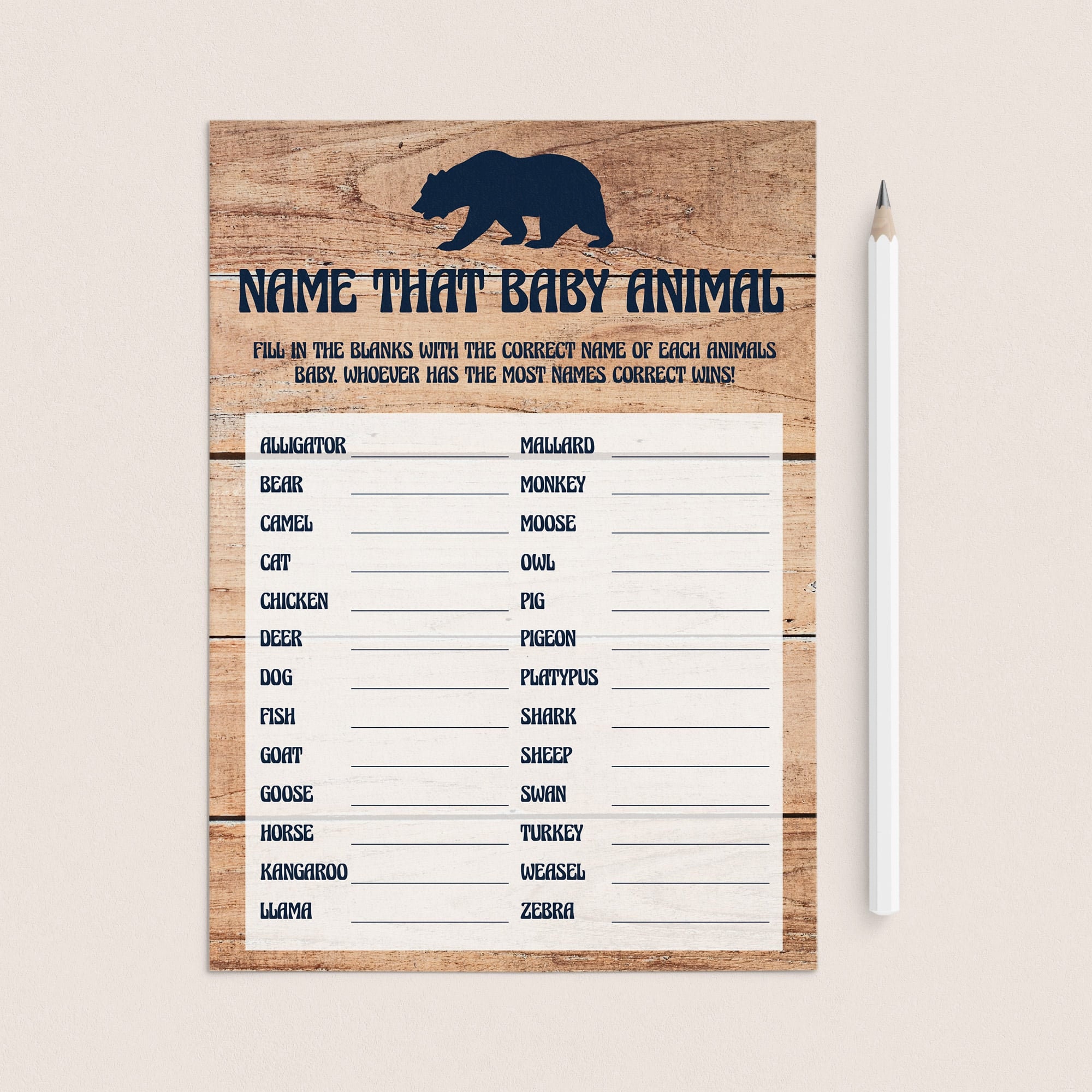 Name That Baby Animal Shower Game Rustic Baby Shower Games - Etsy