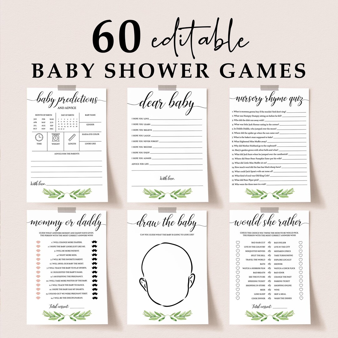 Baby Shower Game Bundle | Editable Templates, Greenery Baby Shower ...