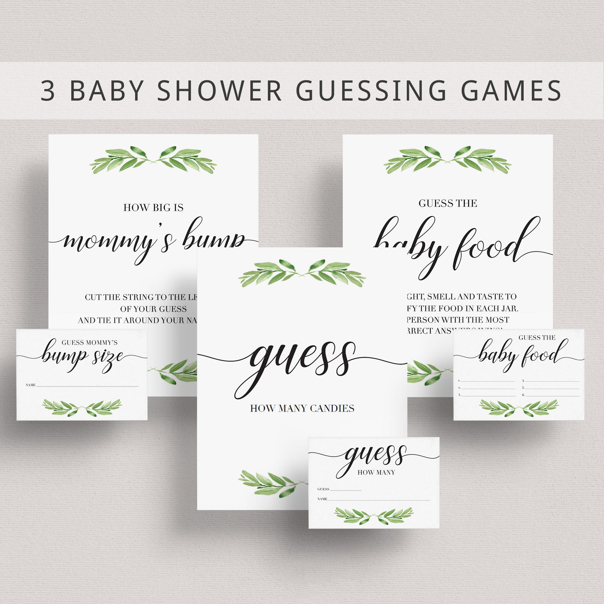 Green Watercolor Leaves Baby Shower Guessing Games Pack | Etsy