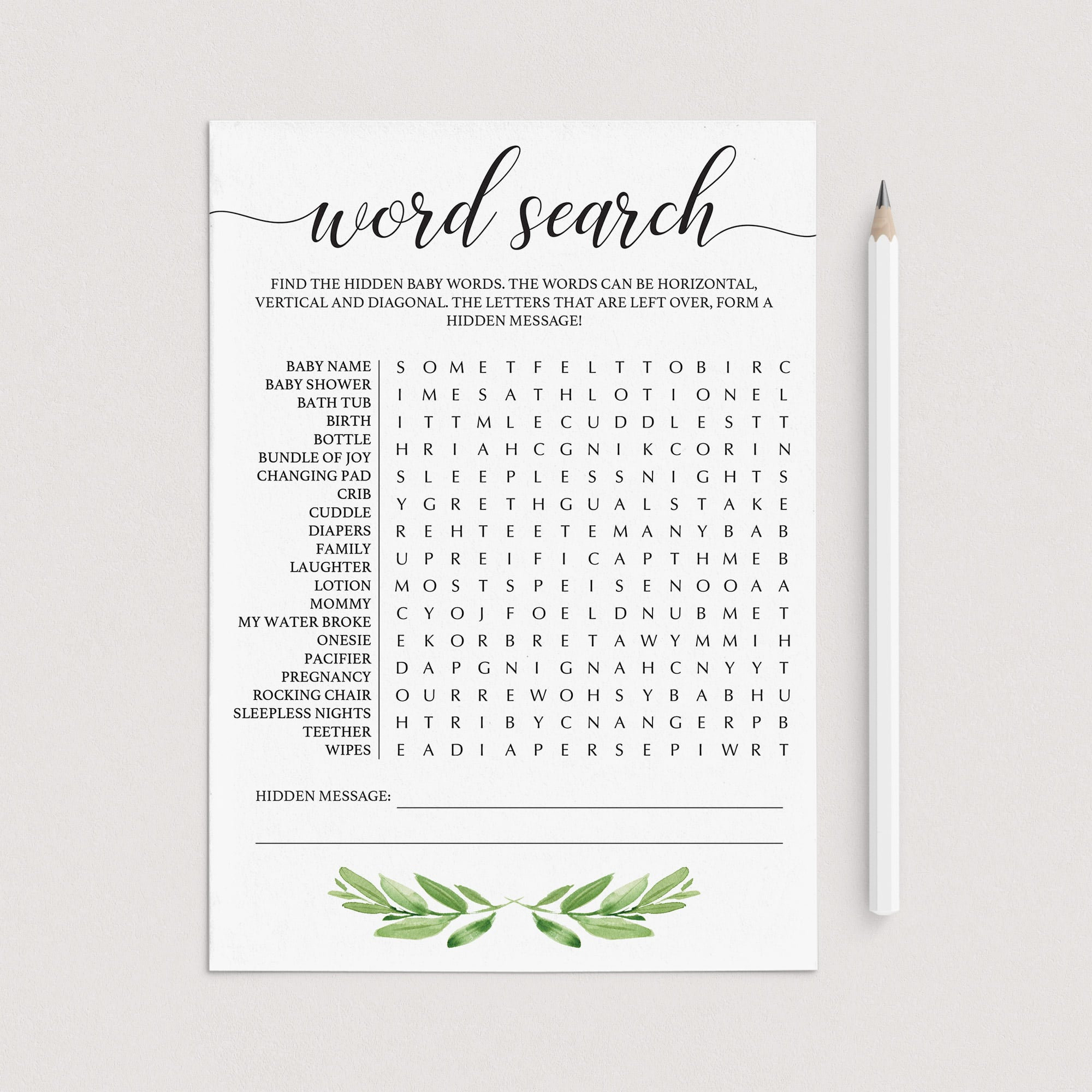Baby Word Search Puzzle Printable Greenery Babyshower Games - Etsy