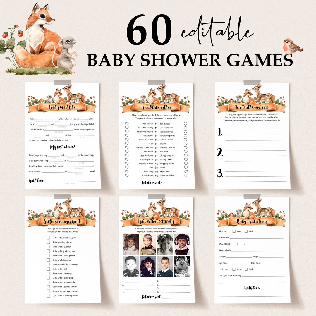 Woodland Animals Baby Shower Games Package Editable Template Rustic ...