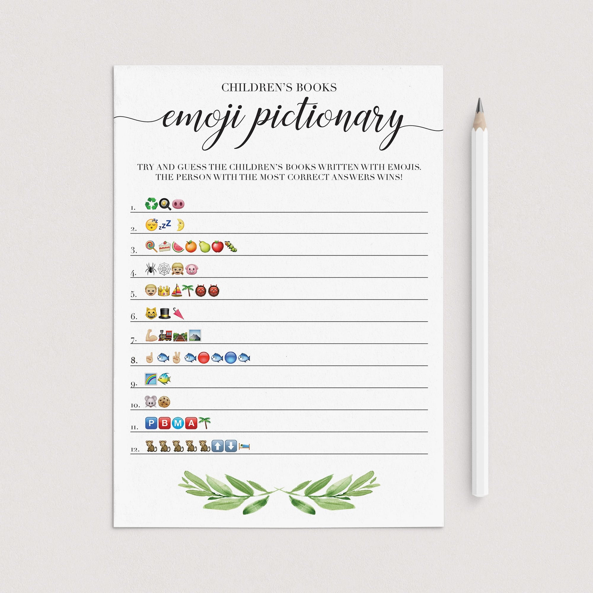 Greenery Baby Shower Games Kit Emoji Pictionary Childrens | Etsy