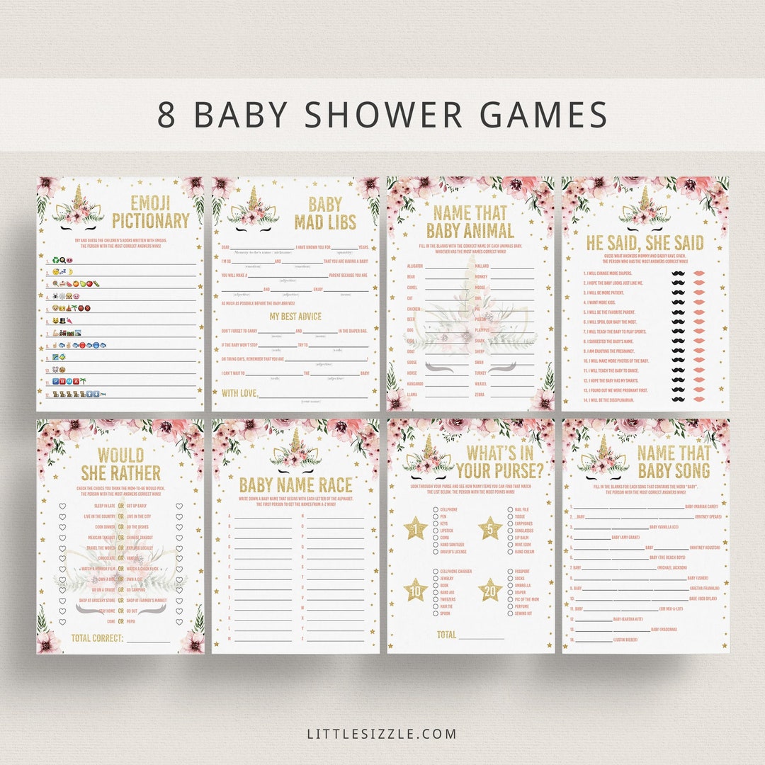 Floral Unicorn Baby Shower Games Pack Printable White Pink and Gold ...