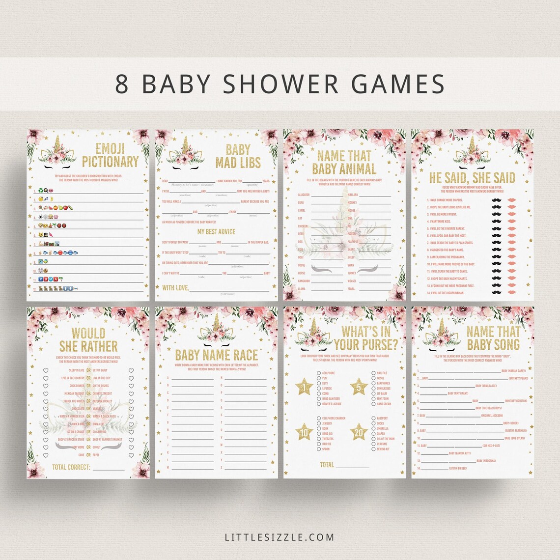 Floral Unicorn Baby Shower Games Pack Printable White Pink and - Etsy