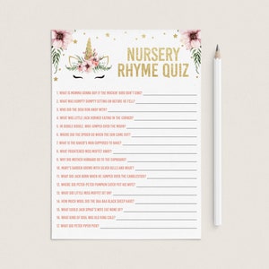 Nursery Rhyme Baby Shower Game Unicorn Nursery Rhyme Quiz Floral ...