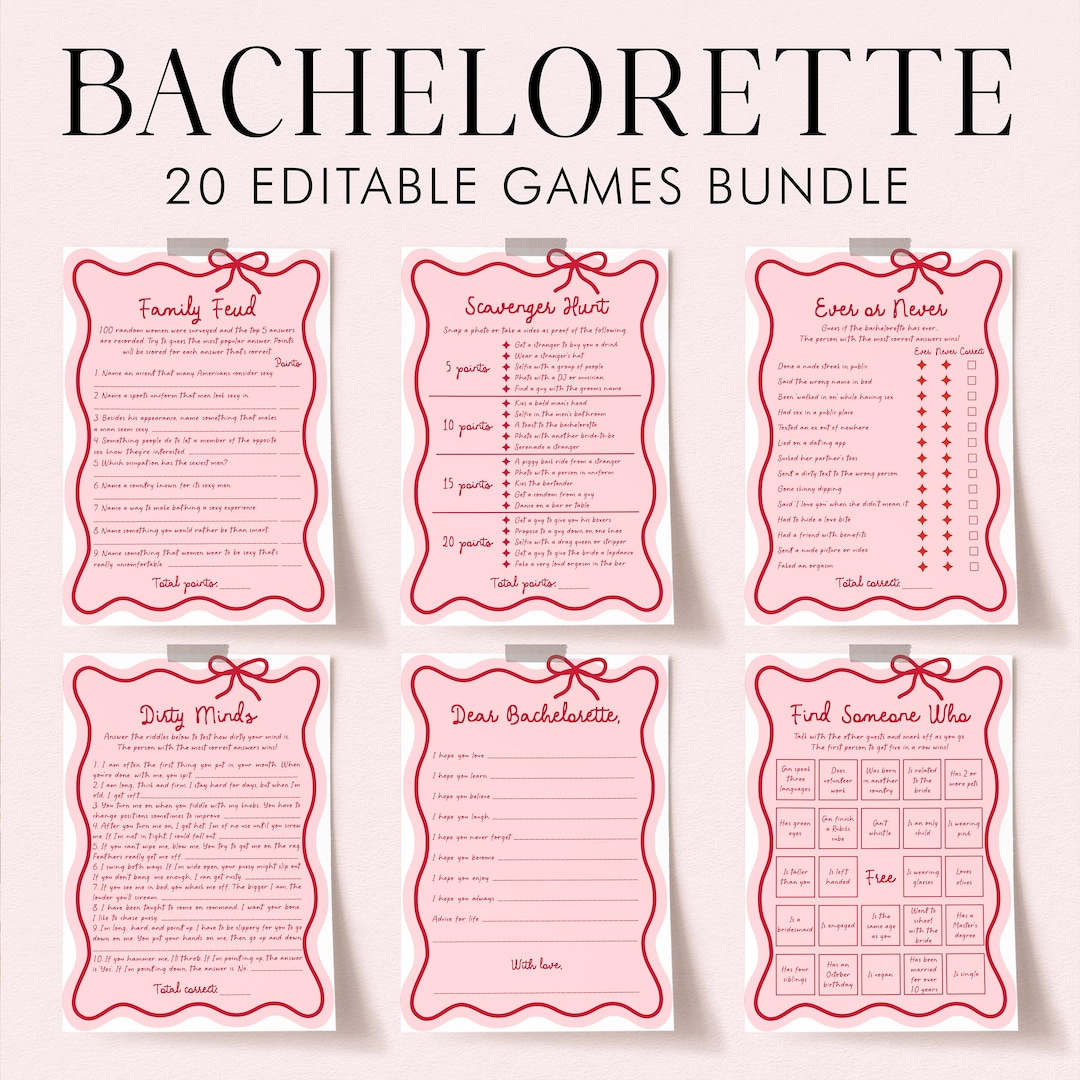 Coquette Bachelorette Party Games Bundle: Pink Wavy Border (digital ...