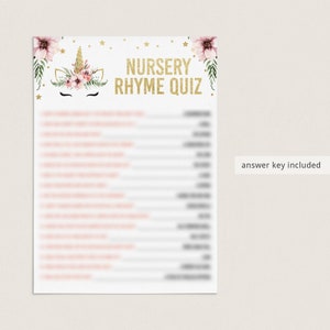 Nursery Rhyme Baby Shower Game Unicorn Nursery Rhyme Quiz Floral ...