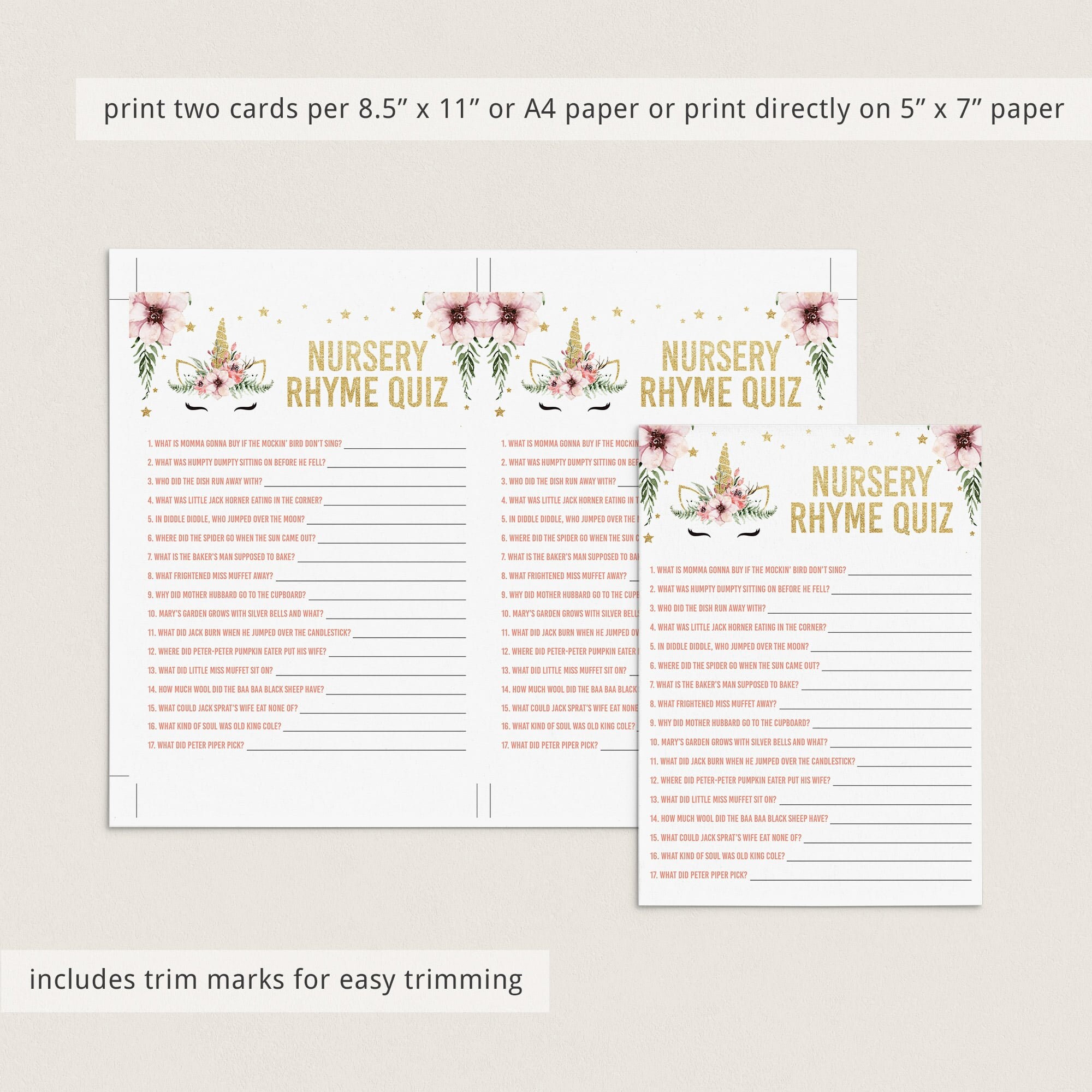 Nursery Rhyme Baby Shower Game Unicorn Nursery Rhyme Quiz - Etsy