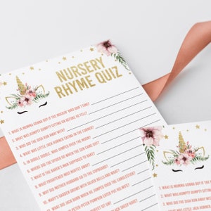 Nursery Rhyme Baby Shower Game Unicorn Nursery Rhyme Quiz Floral ...