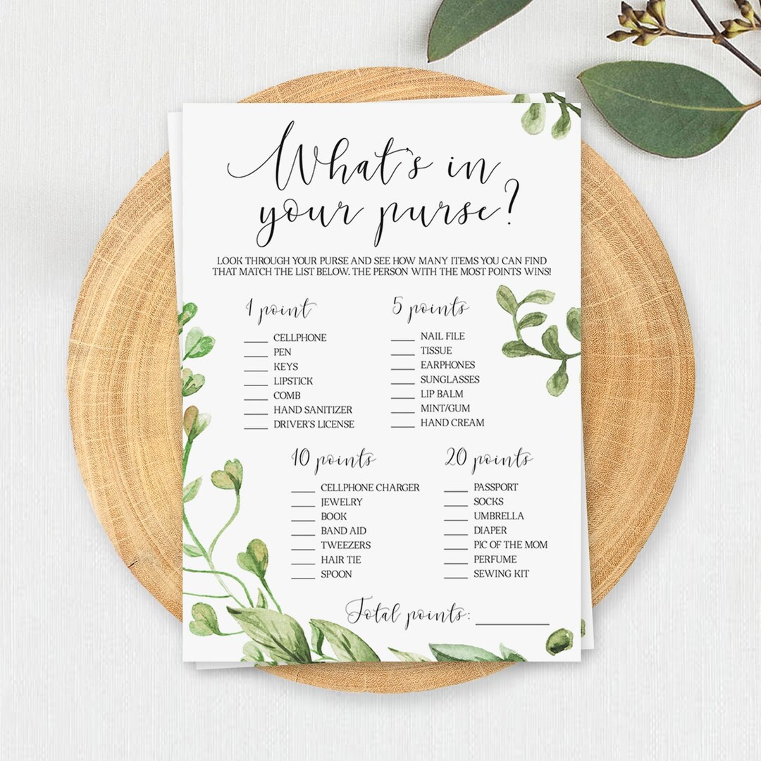 Whats in Your Purse Baby Shower Games Instant Download Botanical Baby ...