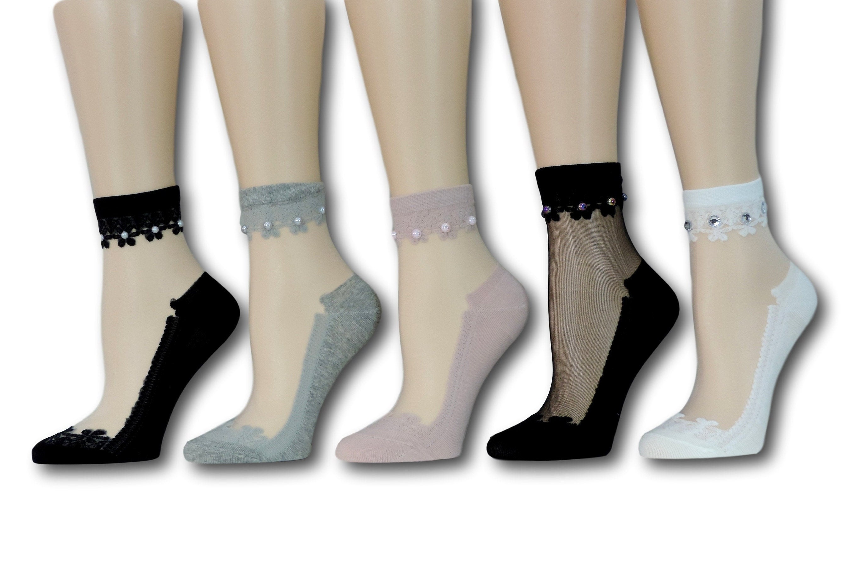 Fancy Sheer Socks/pack of 5 Pairs/beads Sequence Work/women Mesh Socks ...