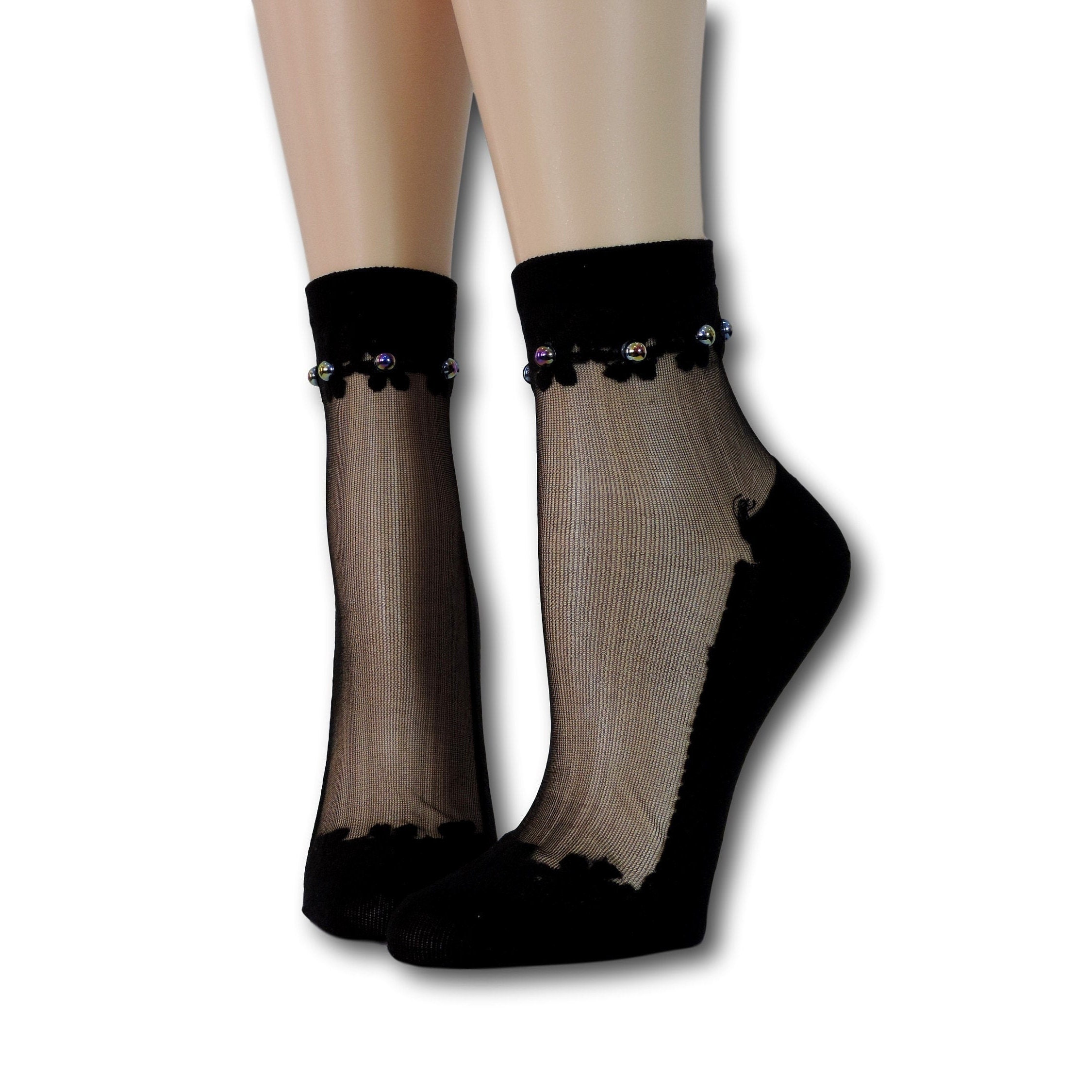 Fancy Sheer Socks/pack of 5 Pairs/beads Sequence Work/women Mesh Socks ...