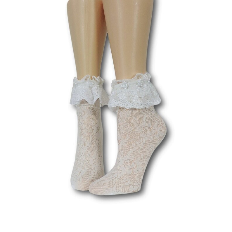 Women White Ruffle Socks/hand Beads Work/beads Sequence Work/women Mesh ...