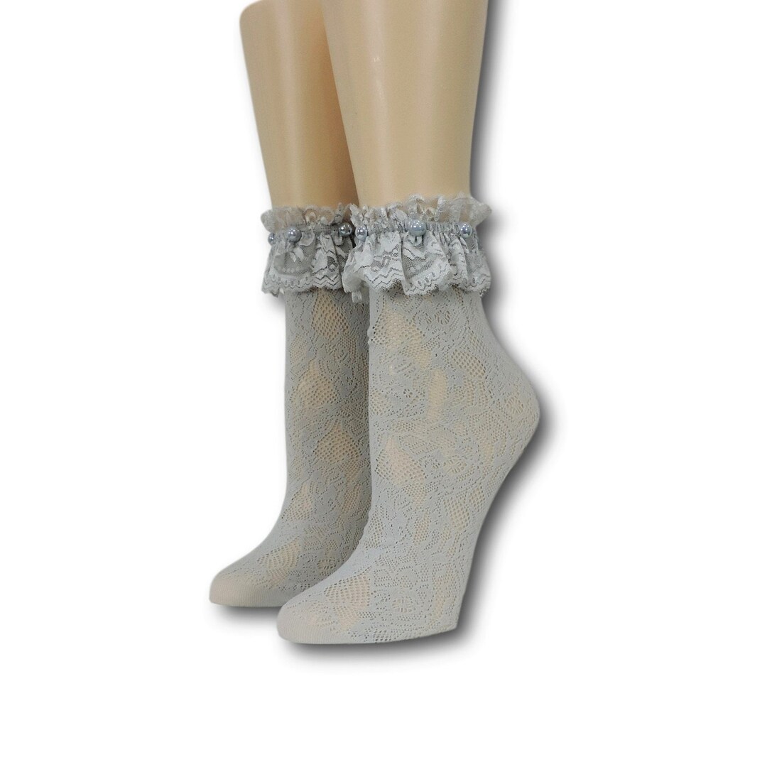Women Grey Ruffle Socks/hand Beads Work/beads Sequence Work/women Mesh ...