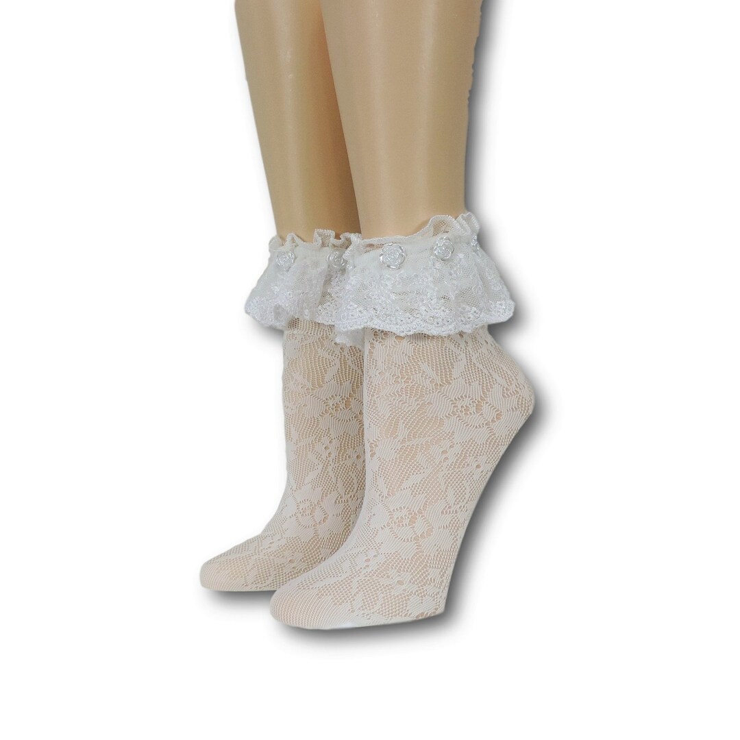 Women White Ruffle Socks/hand Beads Work/beads Sequence Work/women Mesh ...