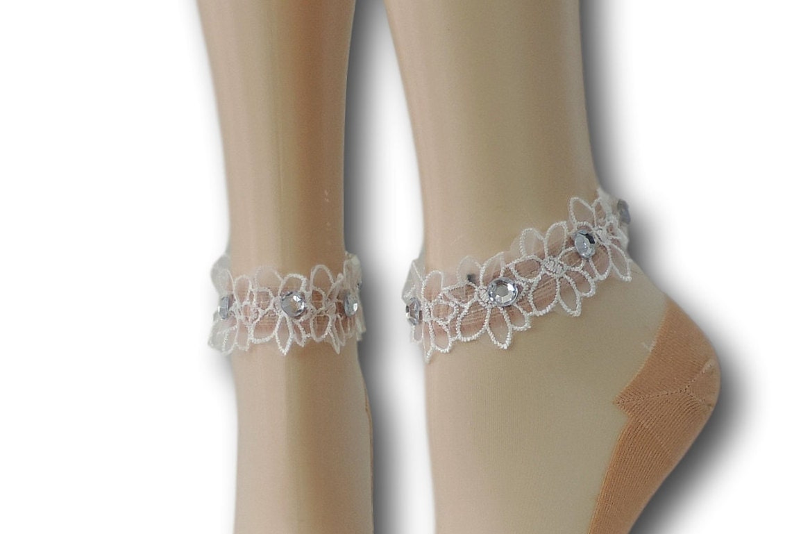 Women Lace Sheer Socks/hand Crystal Work/women Socks/crystal Lace ...