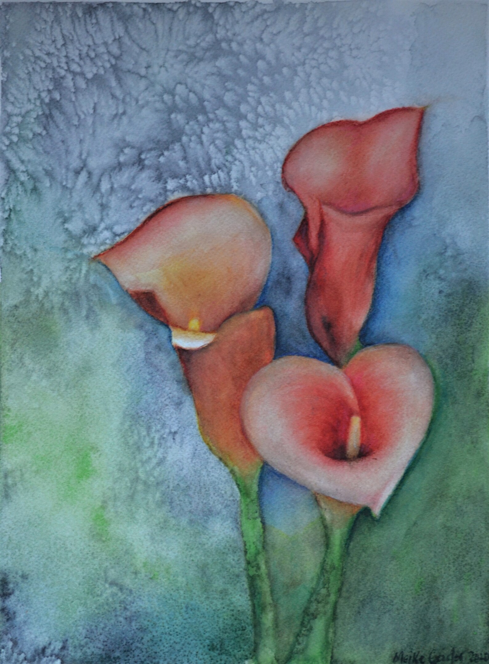 Calla, Original Watercolor Painting by Meike Geisler, 8.5"x11.5"; Peach ...
