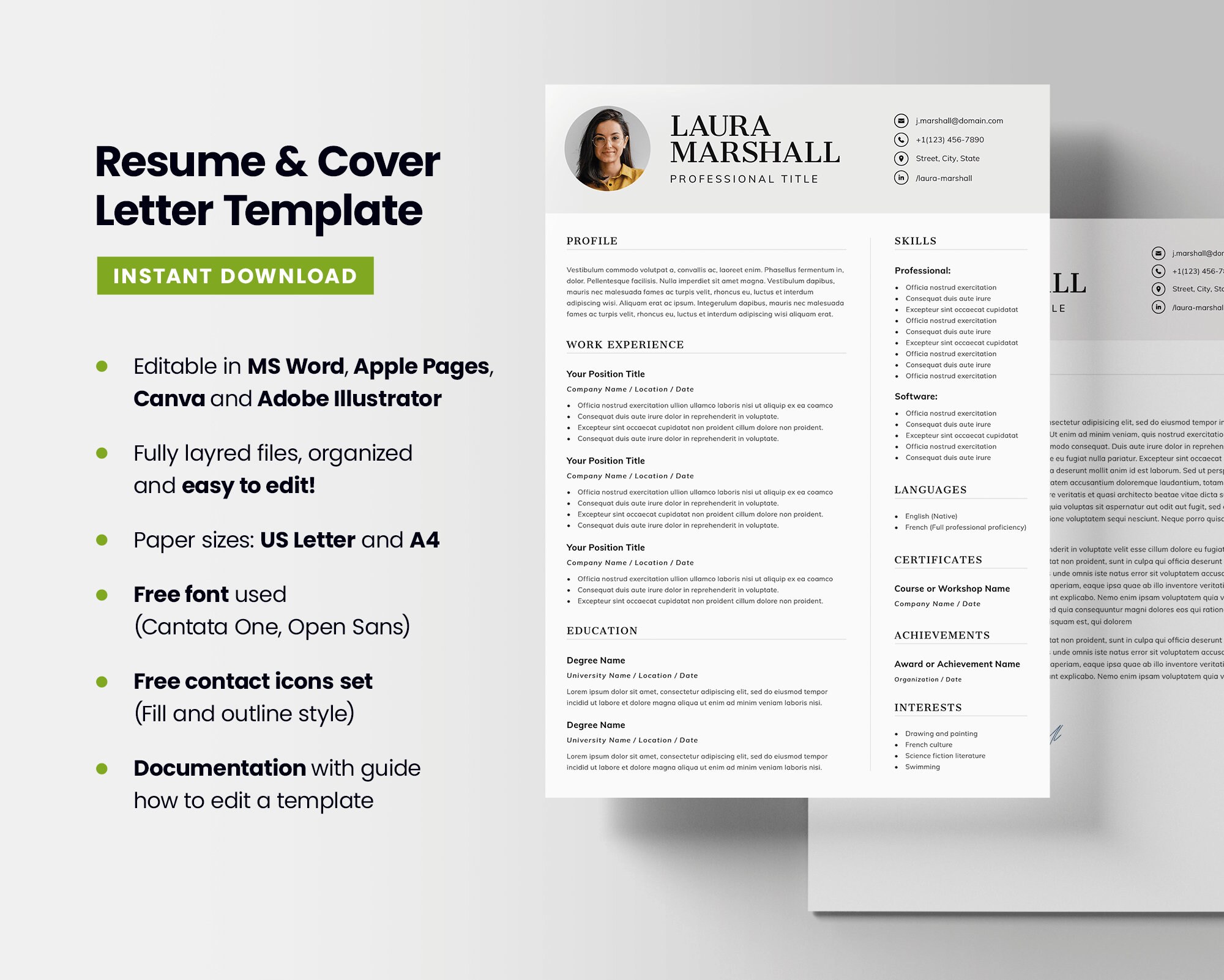 Resume Template With Cover Letter Editable In: Word, Pages, Canva and ...