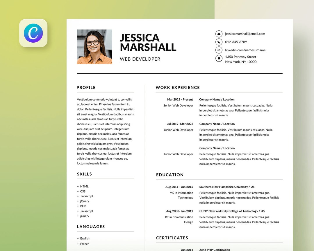 Resume Template With Cover Letter | Editable in Canva | Modern CV ...