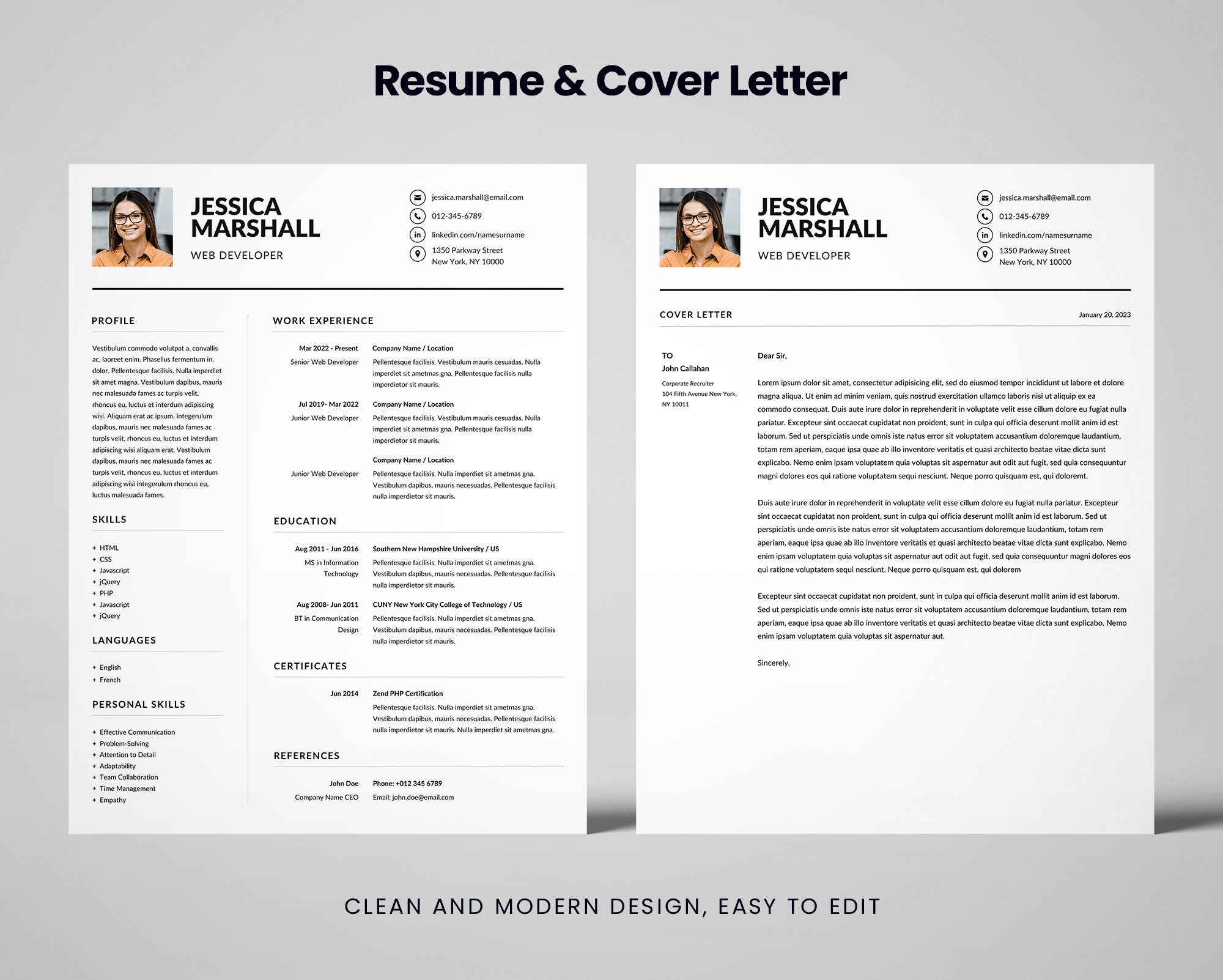 Resume Template With Cover Letter | Editable in Canva | Modern CV ...
