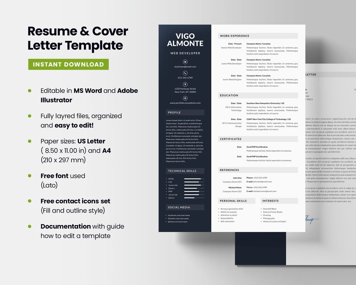 Resume Template With Cover Letter Editable In: Word, Canva and Adobe ...