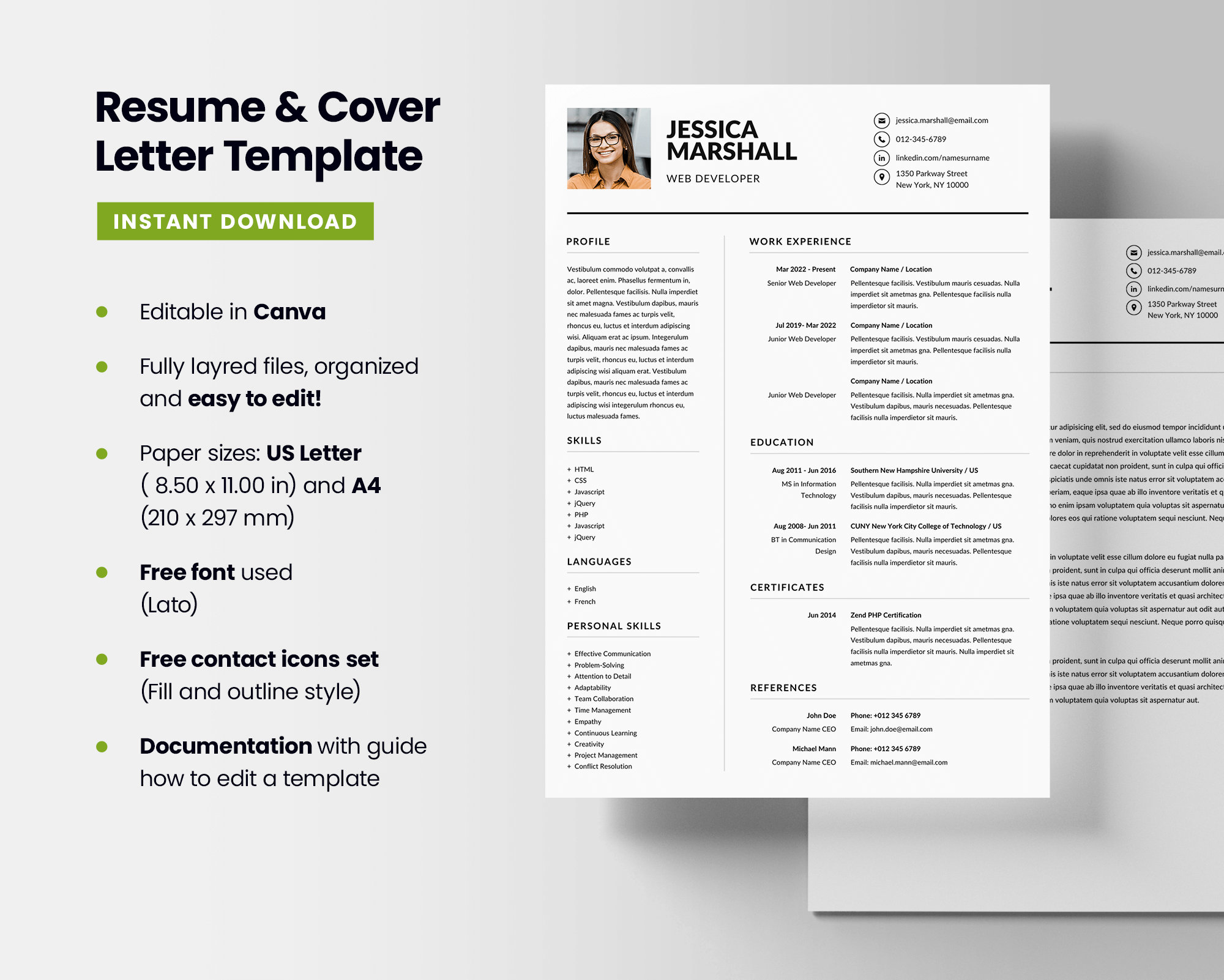 Resume Template With Cover Letter | Editable in Canva | Modern CV ...